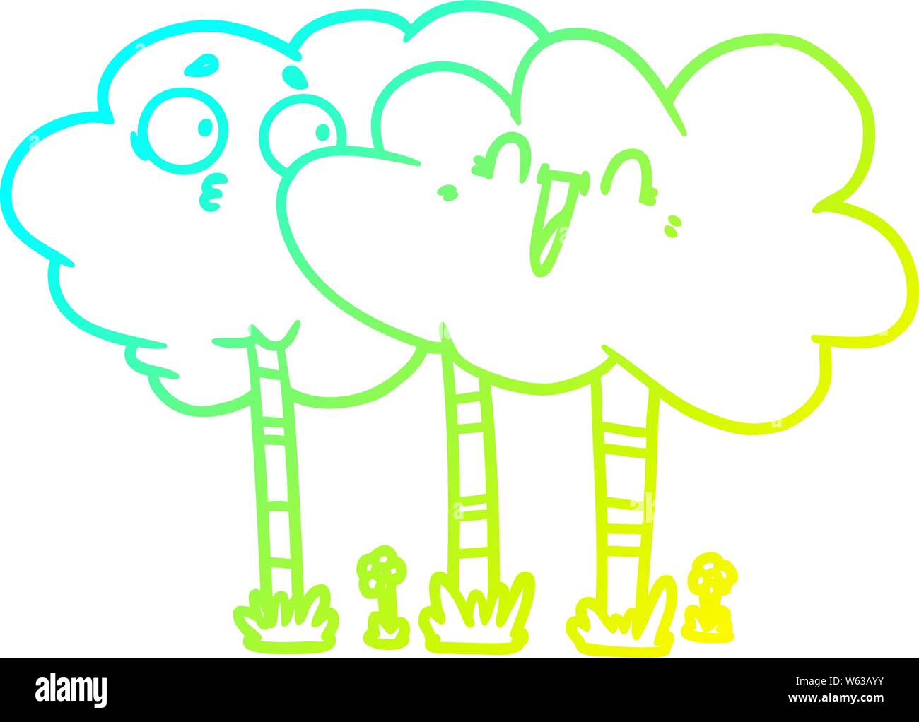 cold gradient line drawing of a cartoon trees with faces Stock Vector ...