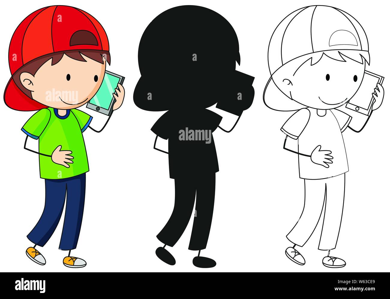 A set of characters in color, silhouette and outline illustration Stock ...