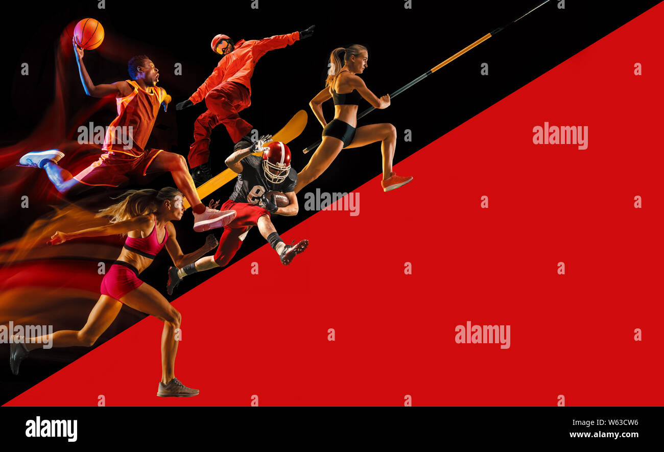 Creative collage of sportsmen in action of game. Black and red ...