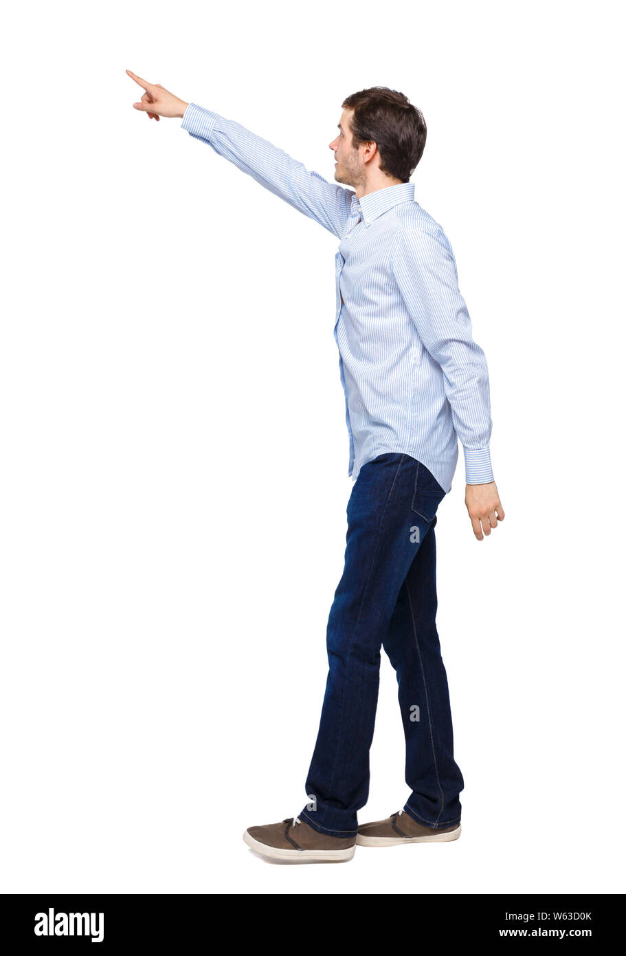 Back view of a man walking with a pointing hand. going guy showing ...