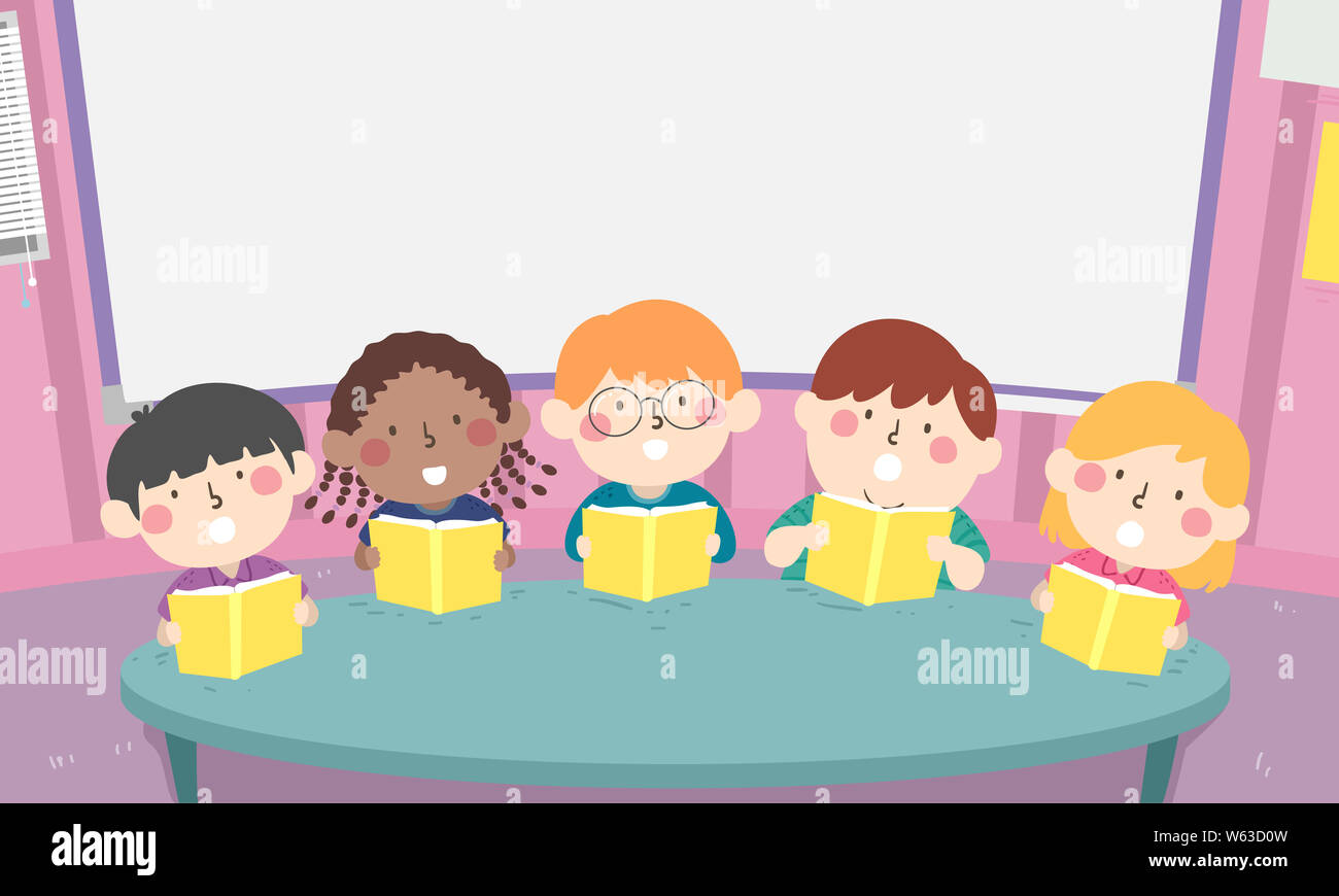 Illustration of Kids Reading a Book, Sitting Around a Table and Reading ...