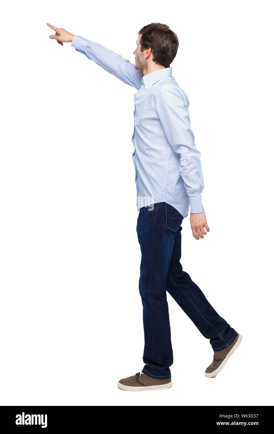 Back view of a man walking with a pointing hand. going guy showing ...