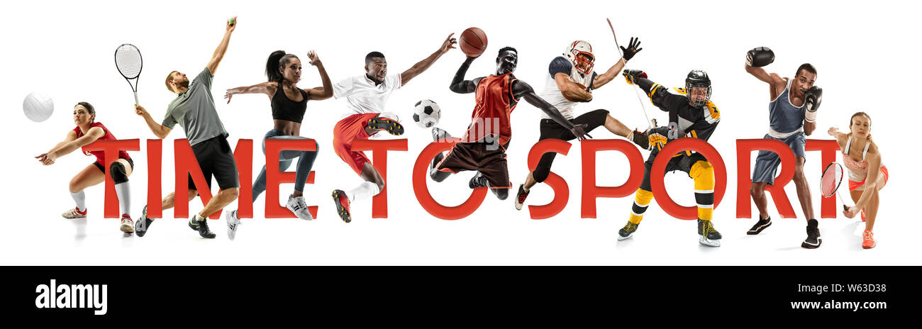 Creative collage of sportsmen in action of game on white background ...
