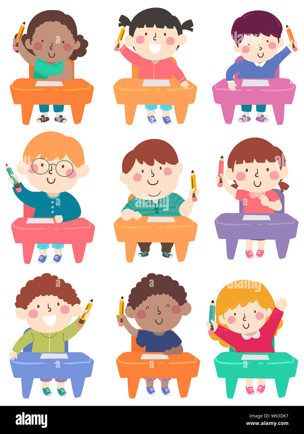 Illustration of Kids Students Sitting, Holding and Showing their ...