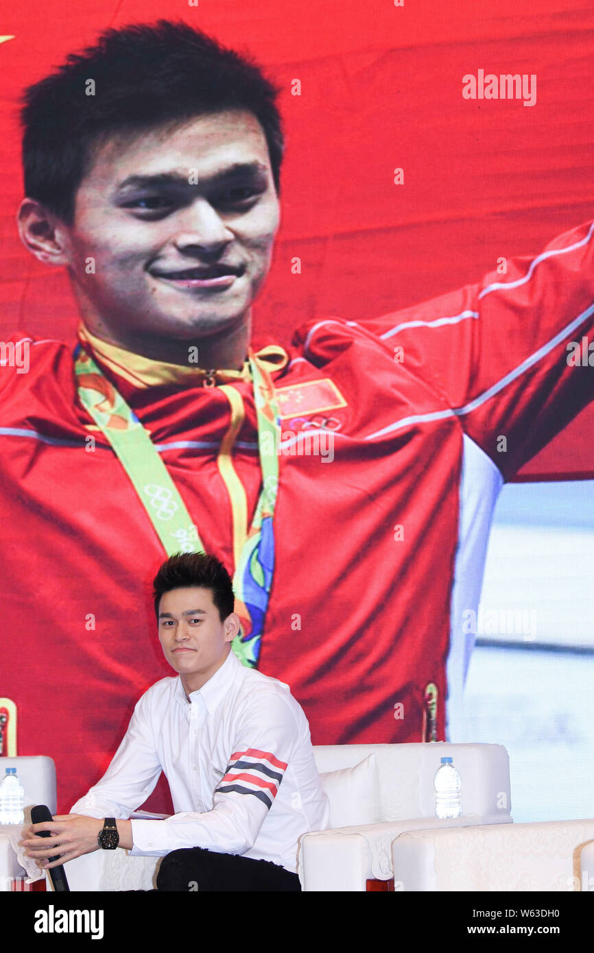 Chinese swimming Olympic champion Sun Yang attends a sharing session ...