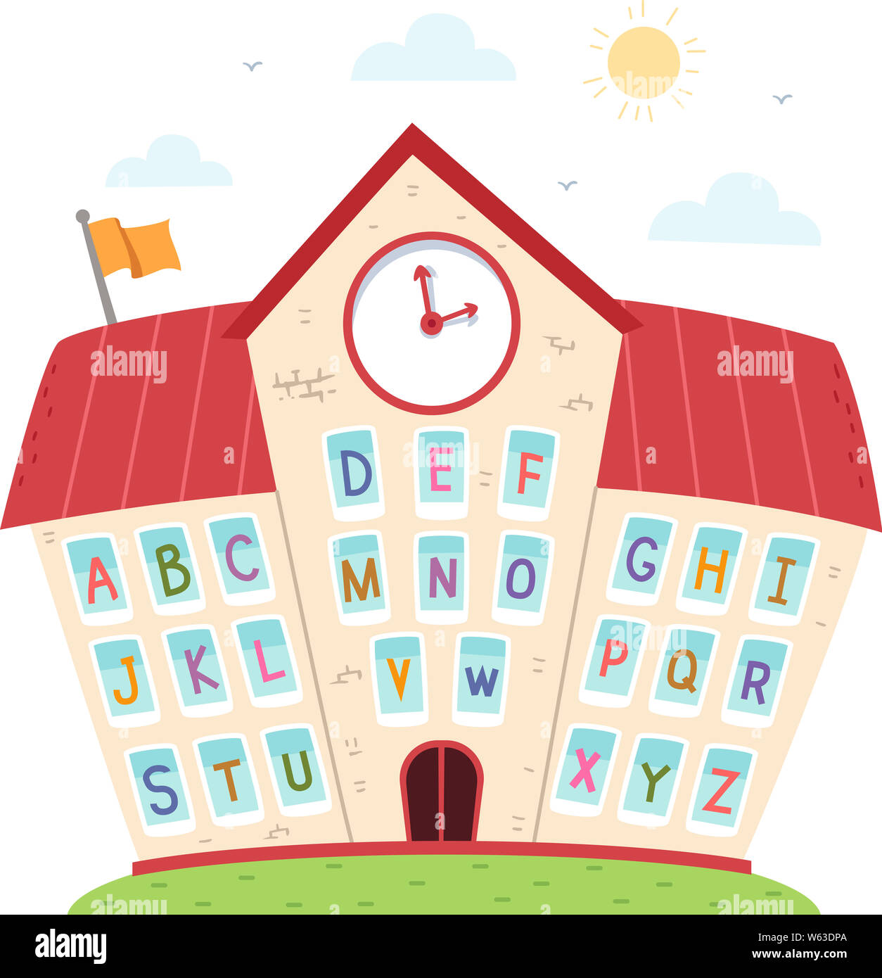 Illustration of a School with the Letters of the Alphabet in its ...