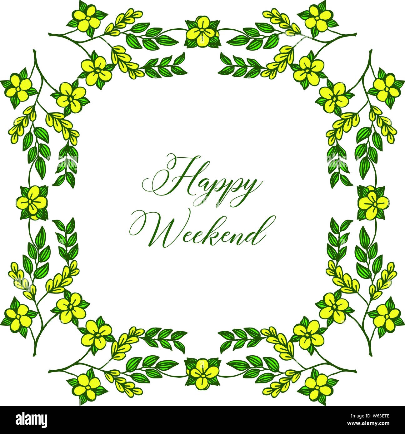 Ornate happy weekend, green leaves and yellow wreath frame. Vector ...