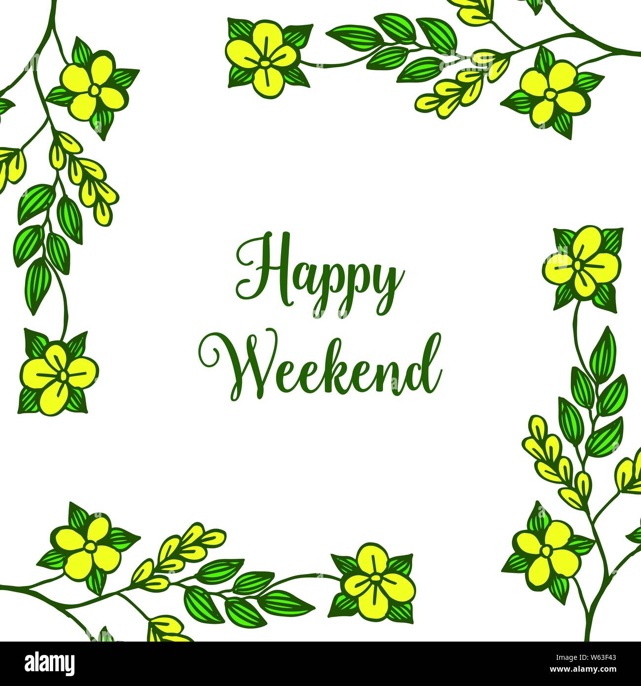 Ornate happy weekend, green leaves and yellow wreath frame. Vector ...