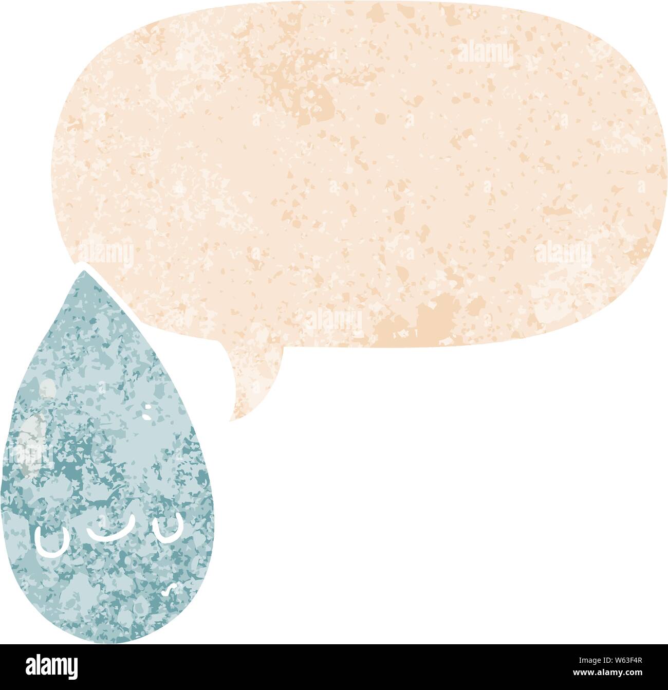 cartoon cute raindrop with speech bubble in grunge distressed retro ...
