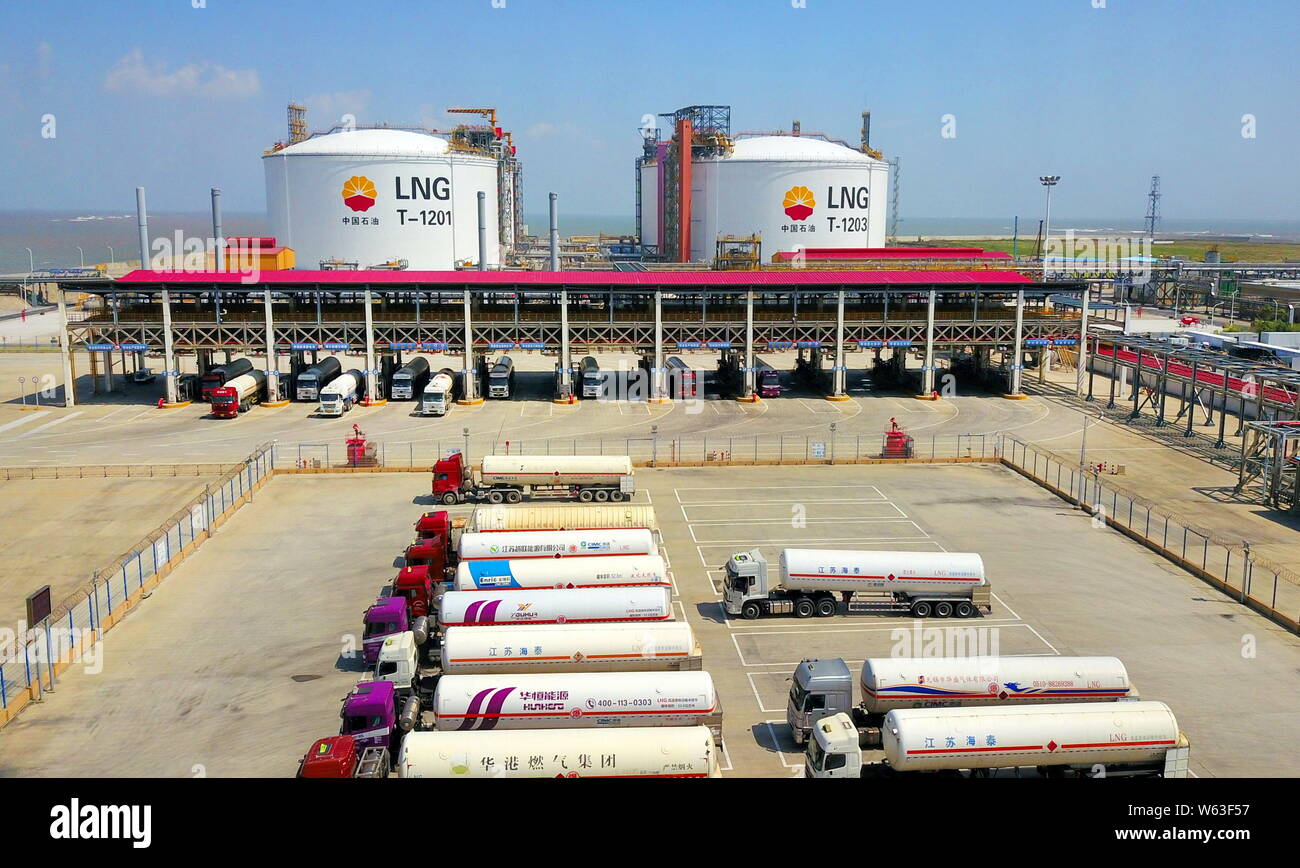 An aerial view of liquefied natural gas (LNG) storage tanks at the ...