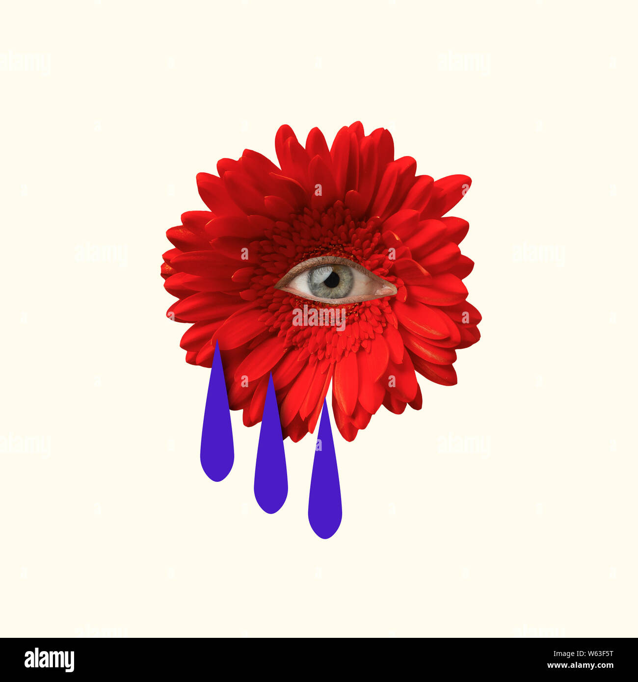An alternative tears or sad emotions. Red flower with an eye inside it ...