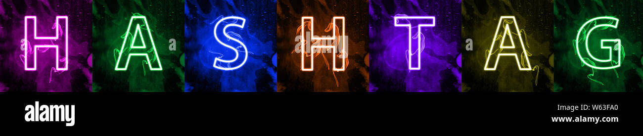 Social media's interactions in colorful neon light. Internet digital ...