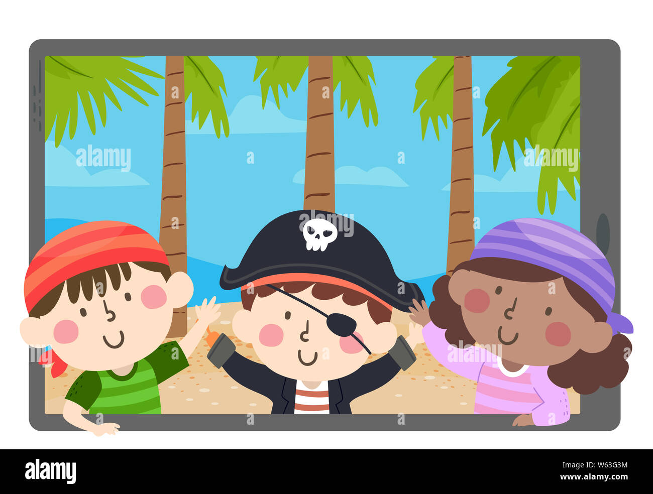 Illustration of Kids Wearing Pirate Costumes Waving from Inside a ...