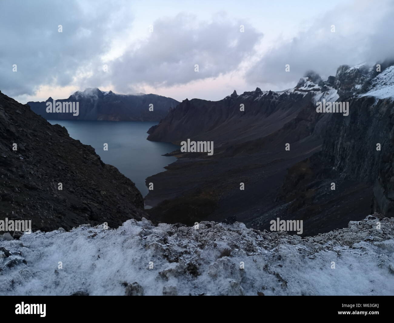 Snow scape of the Heaven Lake on the Paektu Mountain or Changbai ...