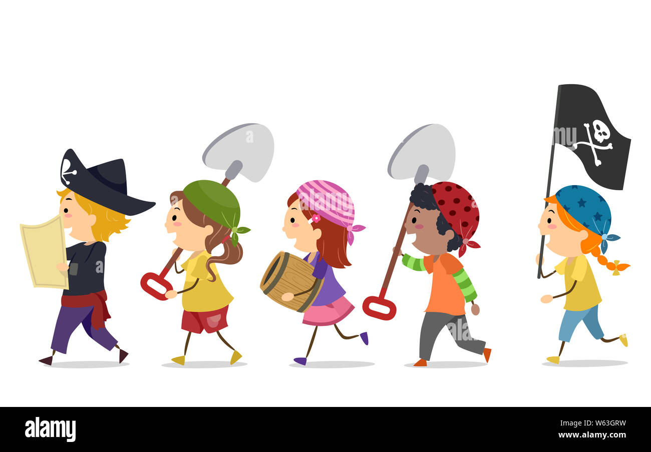 Illustration of Stickman Kids Wearing Pirate Costume Walking Following ...