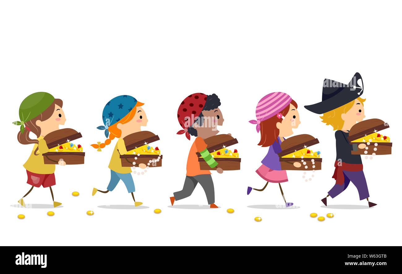 Illustration of Stickman Kids Running and Carrying Treasure Chests Full ...