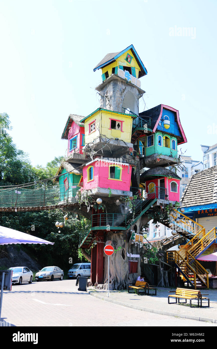 View of a three-storey tree house with nine rooms, dubbed as the city's ...