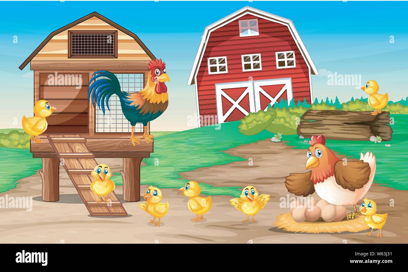 Farm scene with chickens illustration Stock Vector Image & Art - Alamy