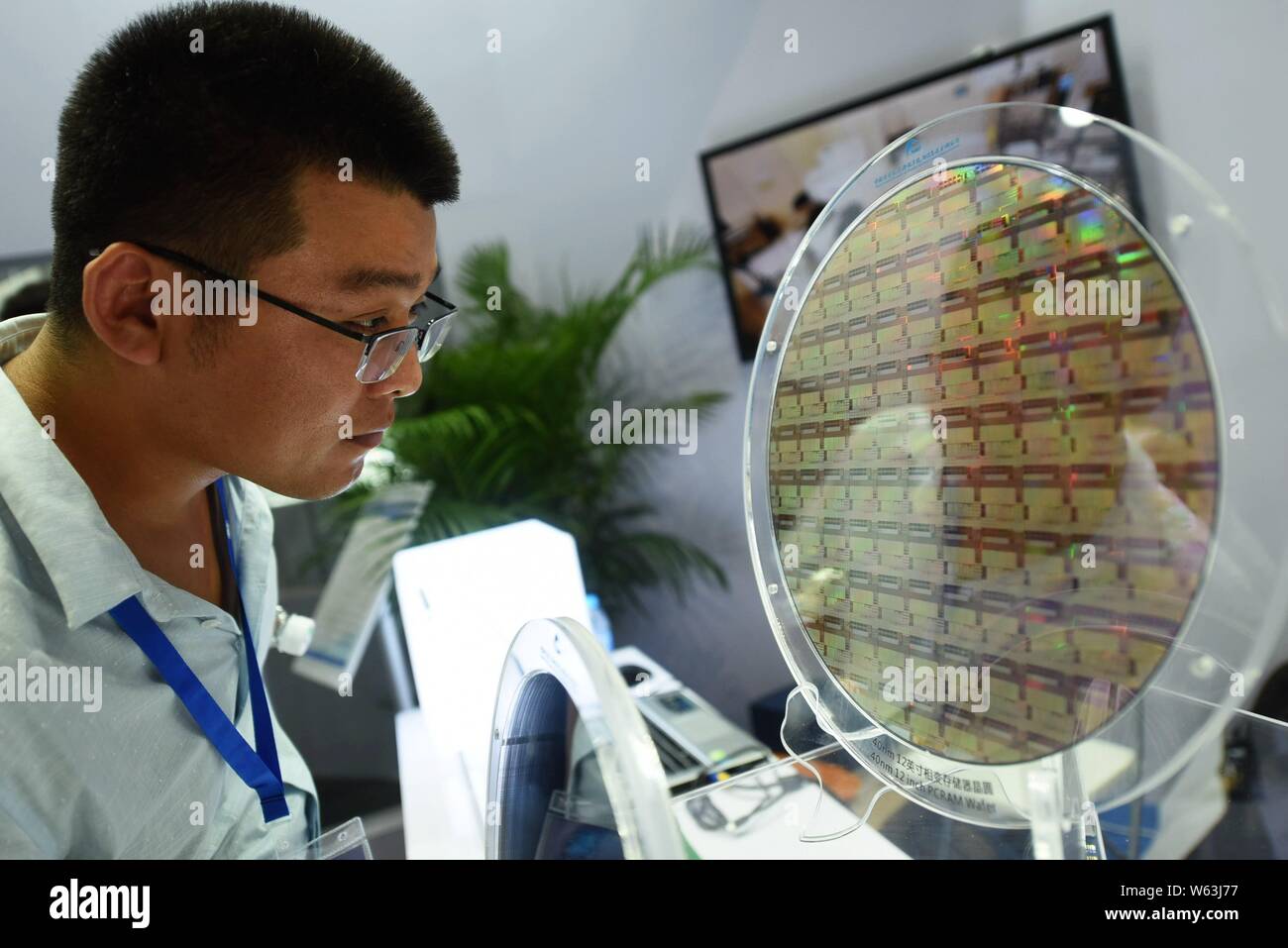 A Chinese visitor looks at China's self-developed 40nm 12-inch wafer at ...