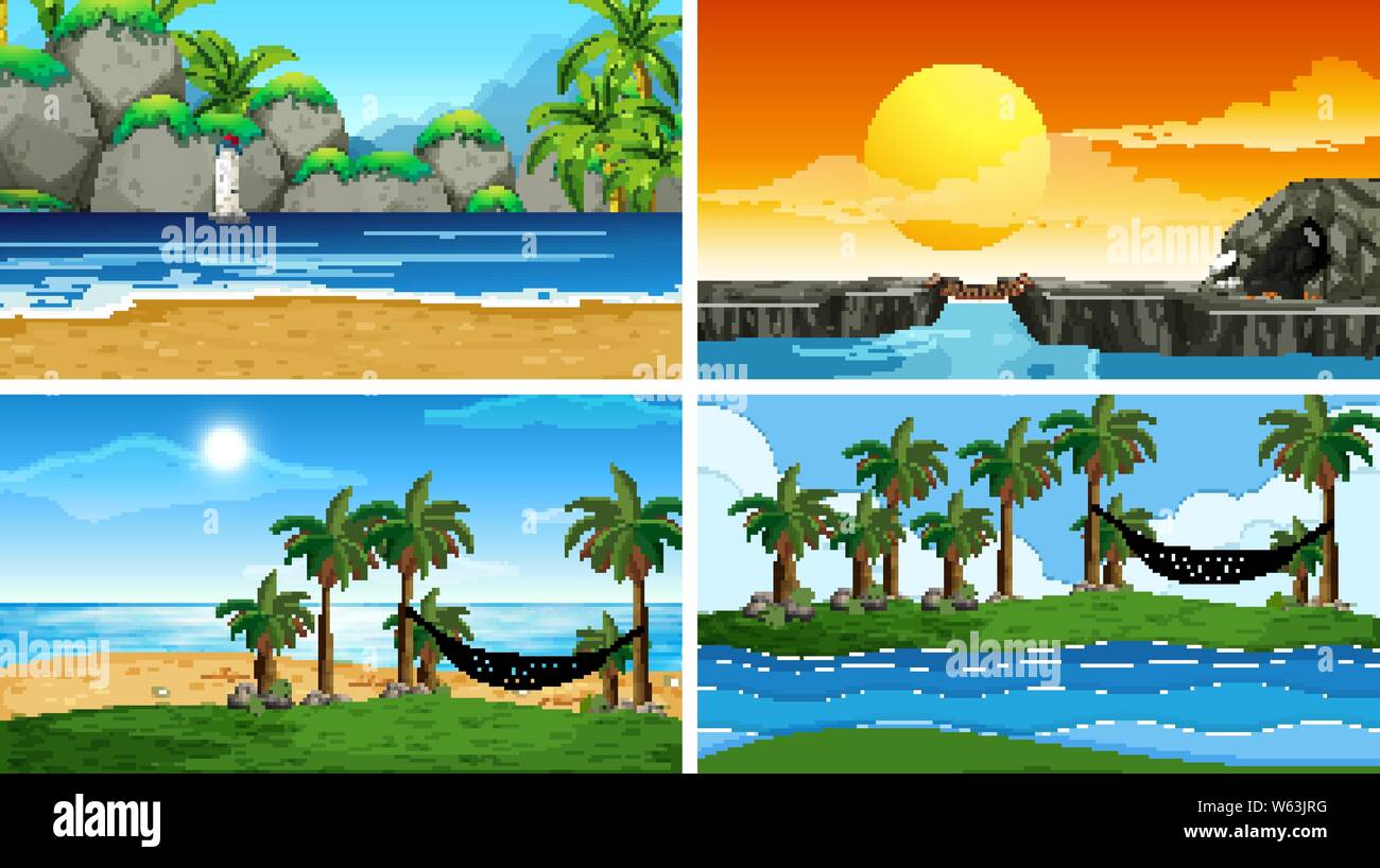 Set of tropical ocean nature scenes with beaches illustration Stock ...