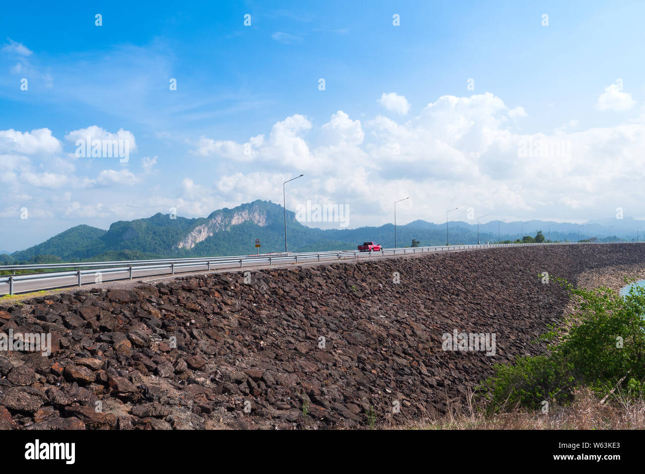 Scenic landscape of big river and reservoir dam with mountain and ...