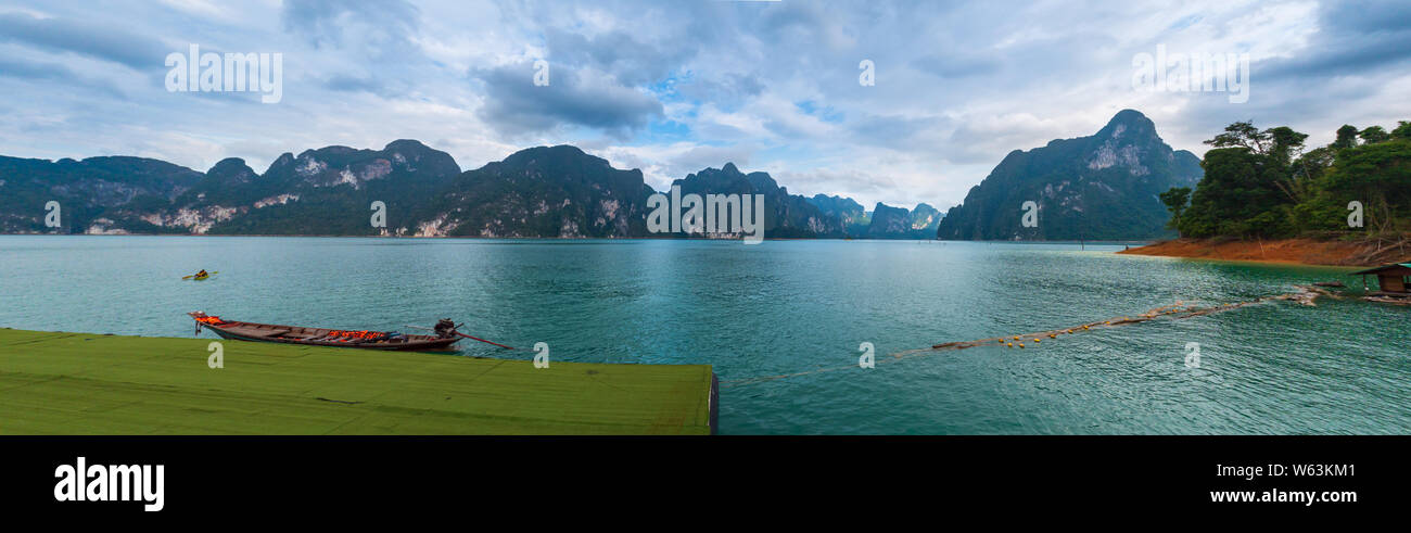 Scenic landscape of boat view in the big river and reservoir dam with ...
