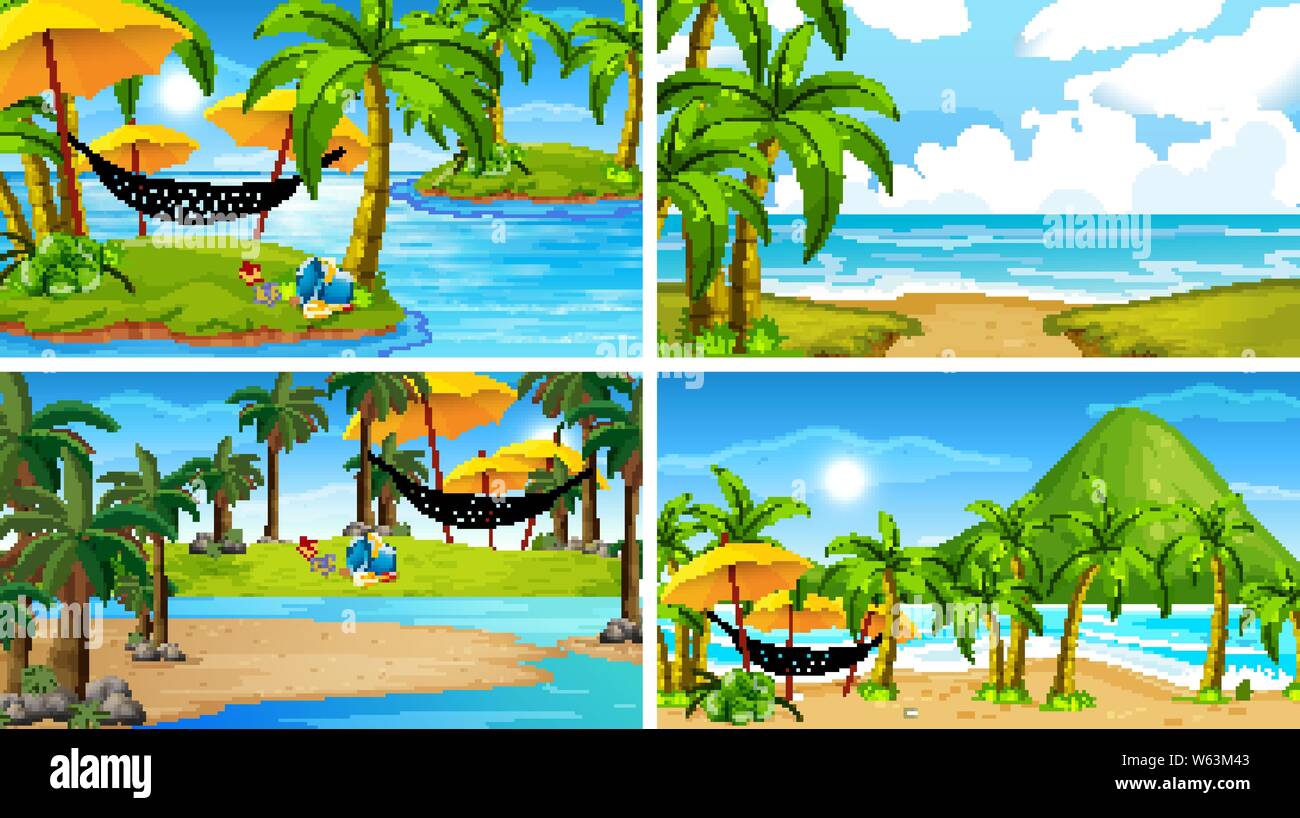 Set of tropical ocean nature scenes with beaches illustration Stock ...
