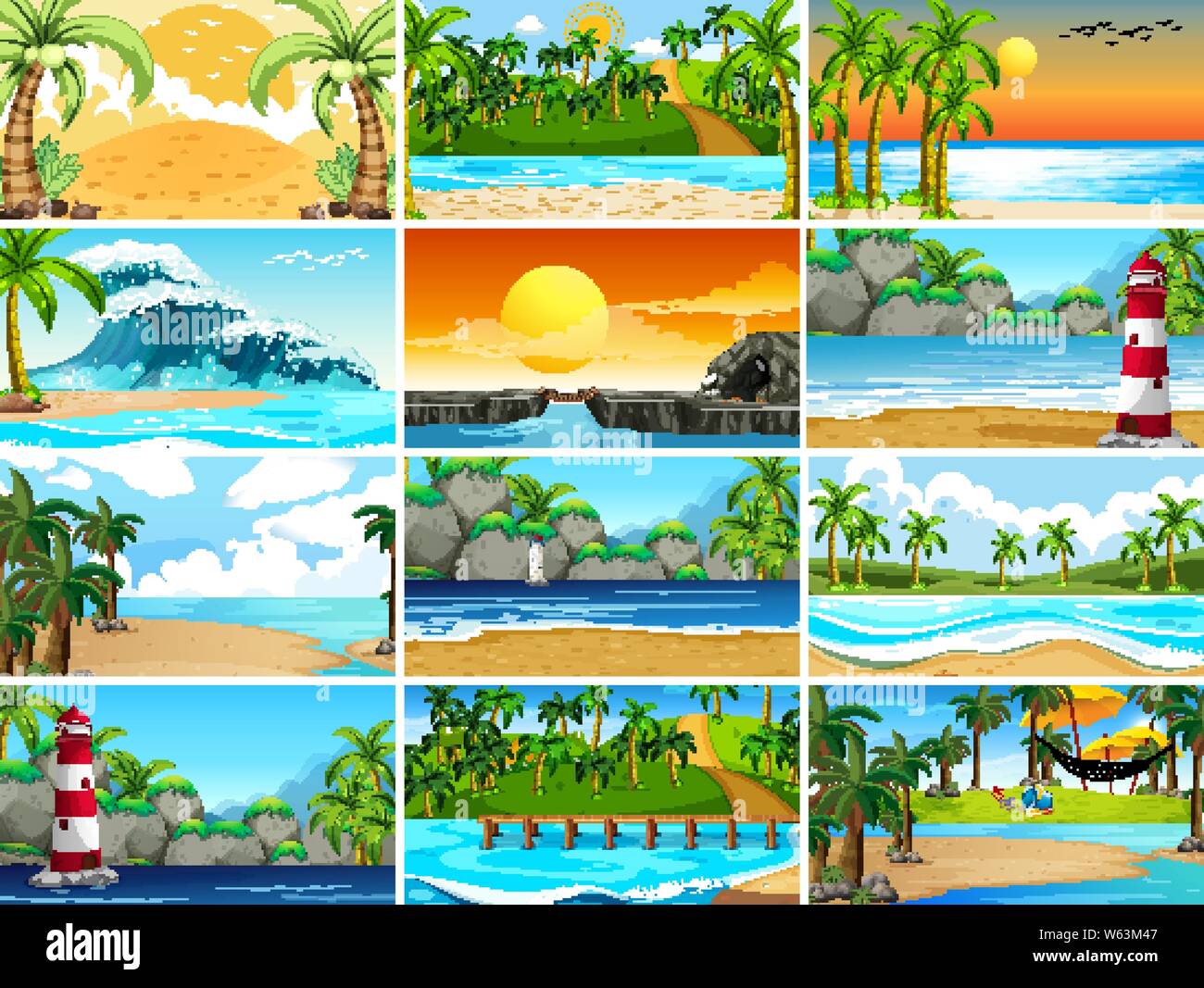 Set of tropical ocean nature scenes with beaches illustration Stock ...