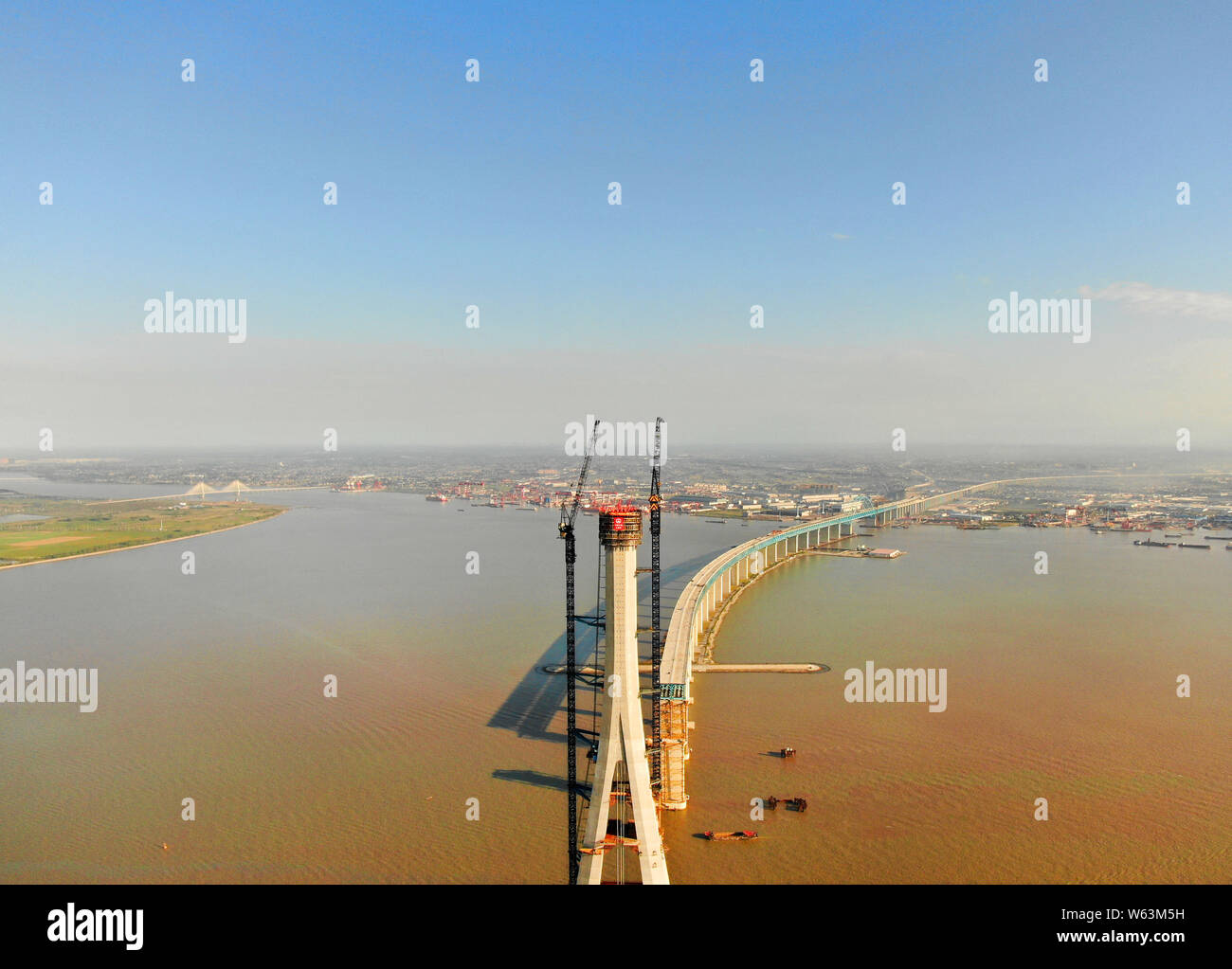 Aerial view of the construction site of the No.28 main pier of the ...