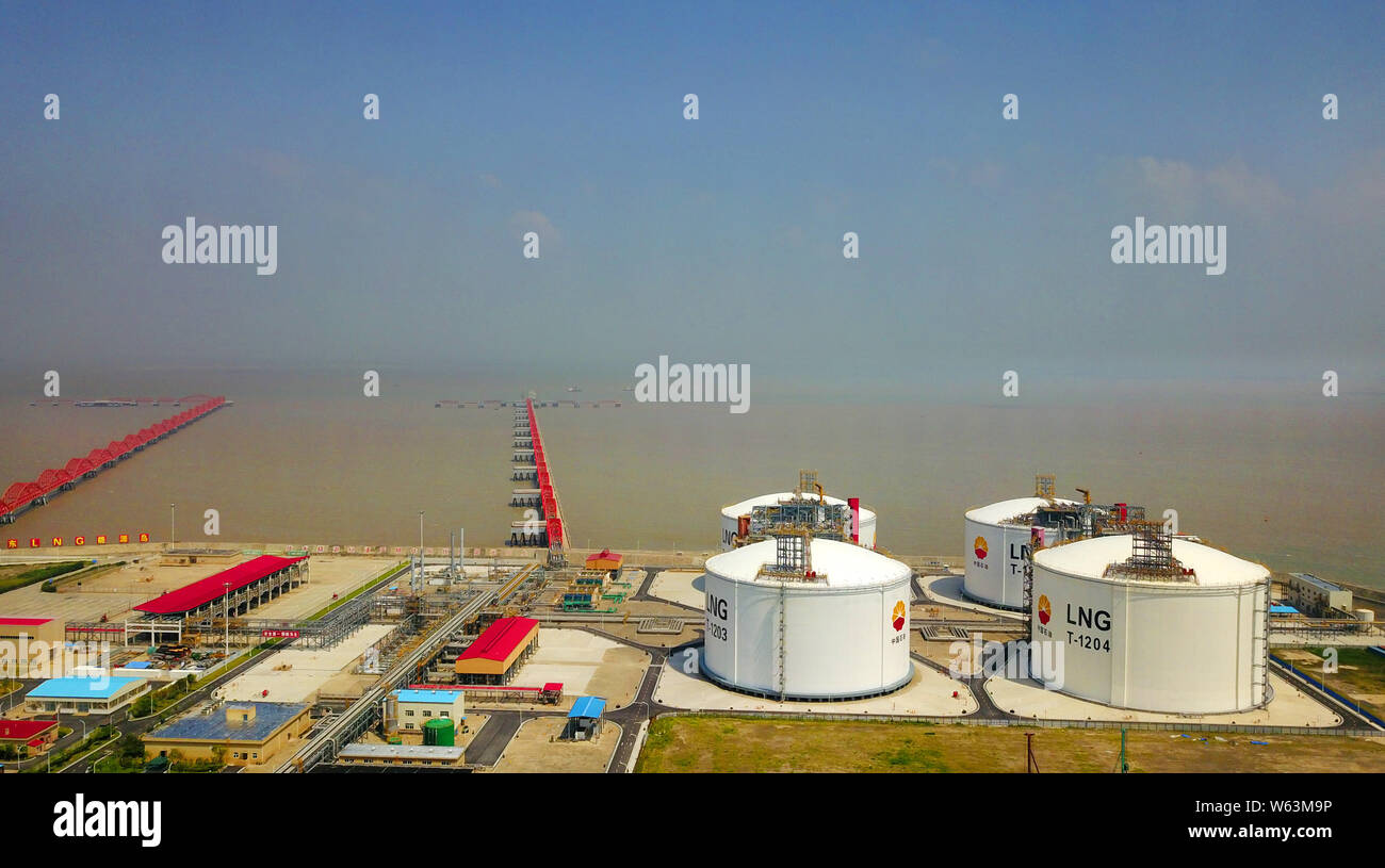 An aerial view of liquefied natural gas (LNG) storage tanks at the ...