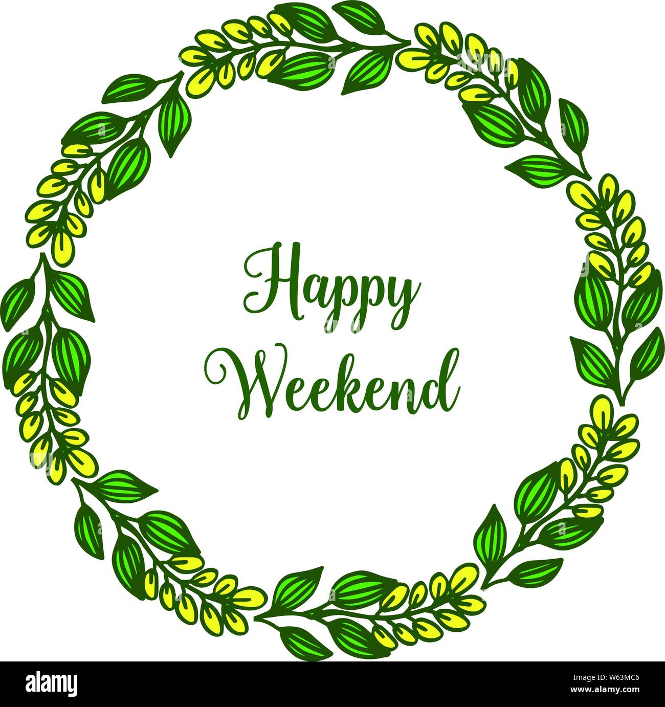 Bright green leafy flower frame, happy weekend handwritten text ...
