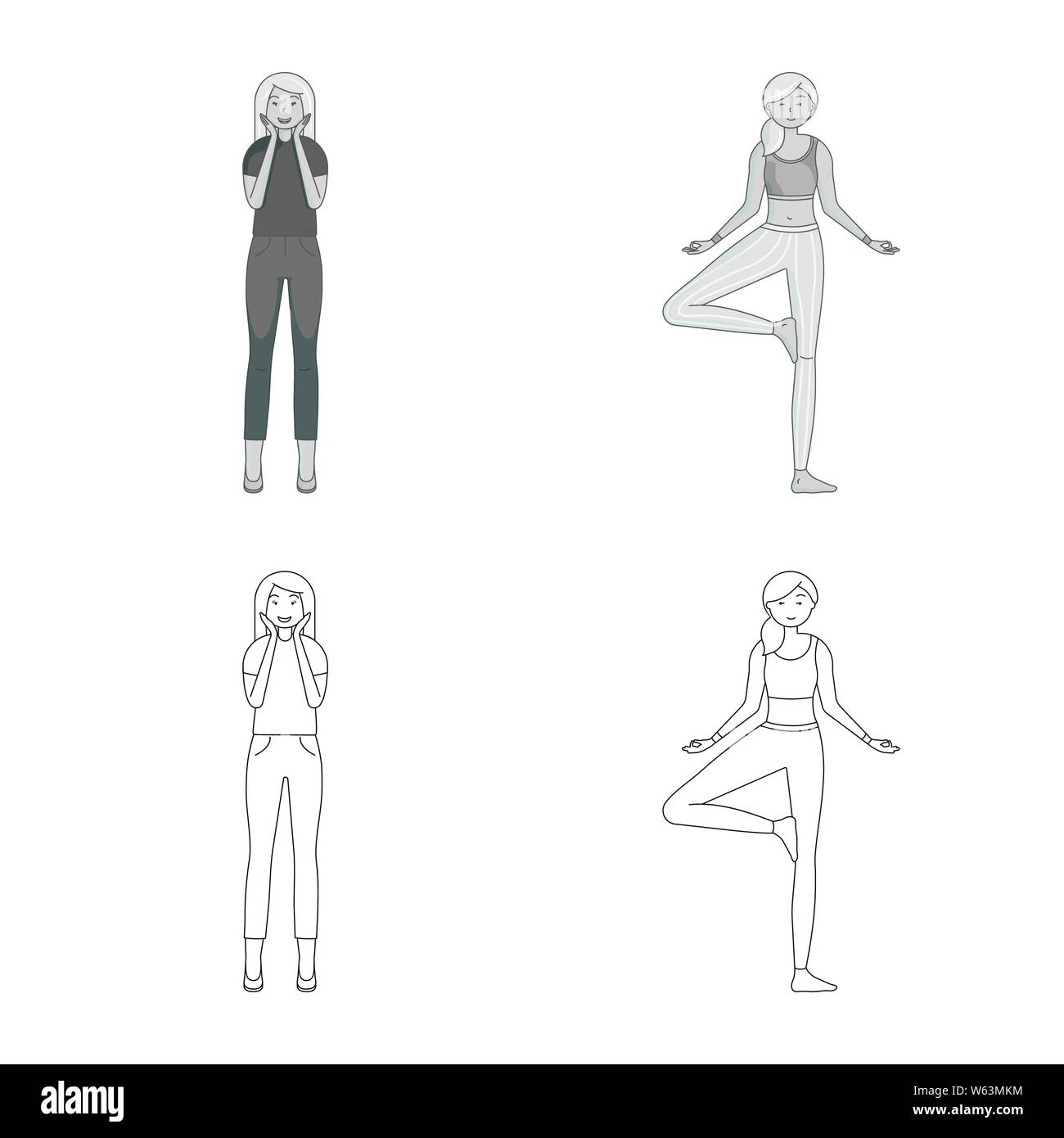 Vector illustration of posture and mood sign. Set of posture and female ...