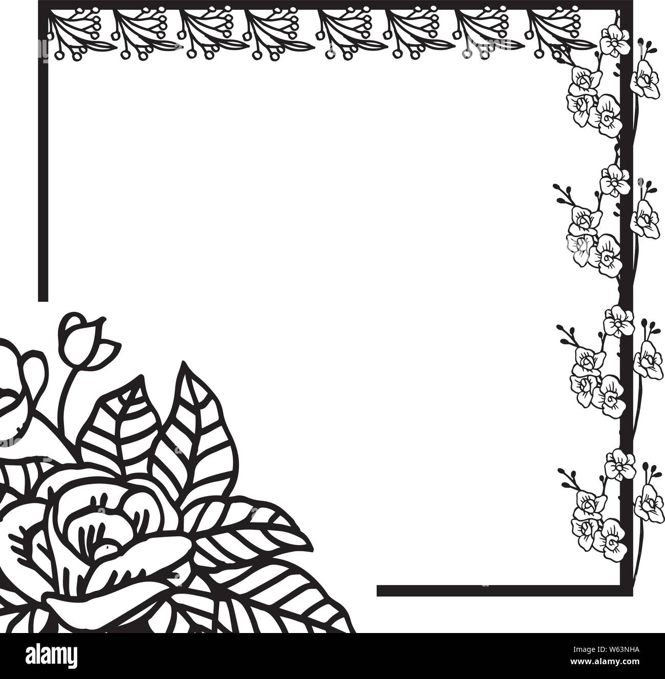 Black line art on white background, design plants leaf flower frame ...
