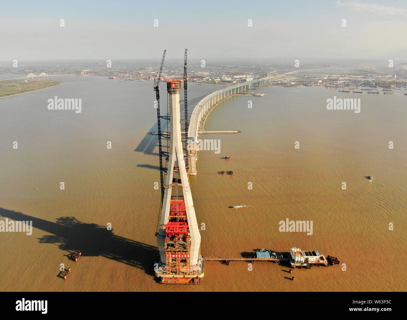 Aerial view of the construction site of the No.28 main pier of the ...