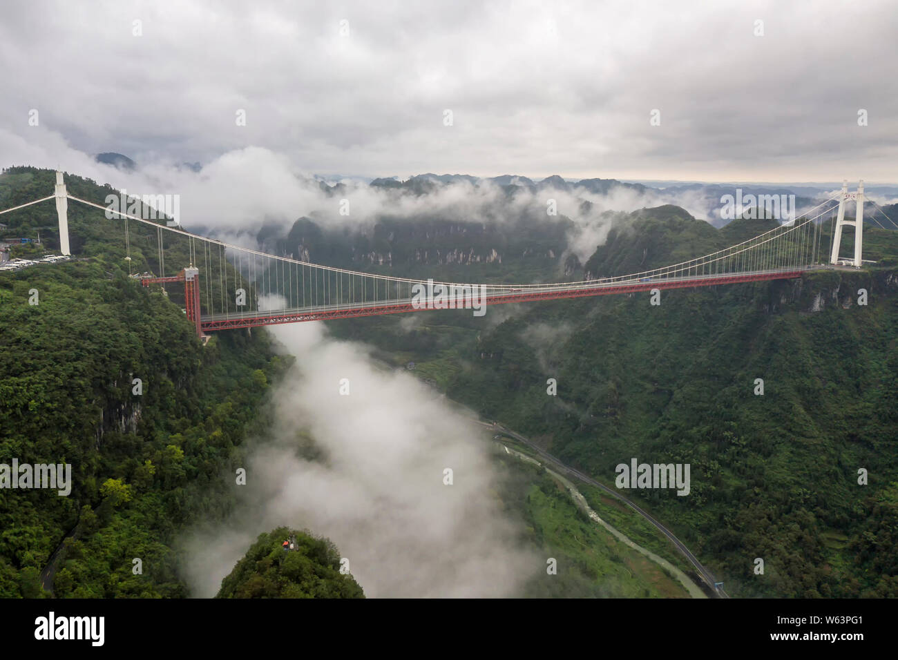 An aerial view of the Aizhai Suspension Bridge, with a main span of ...