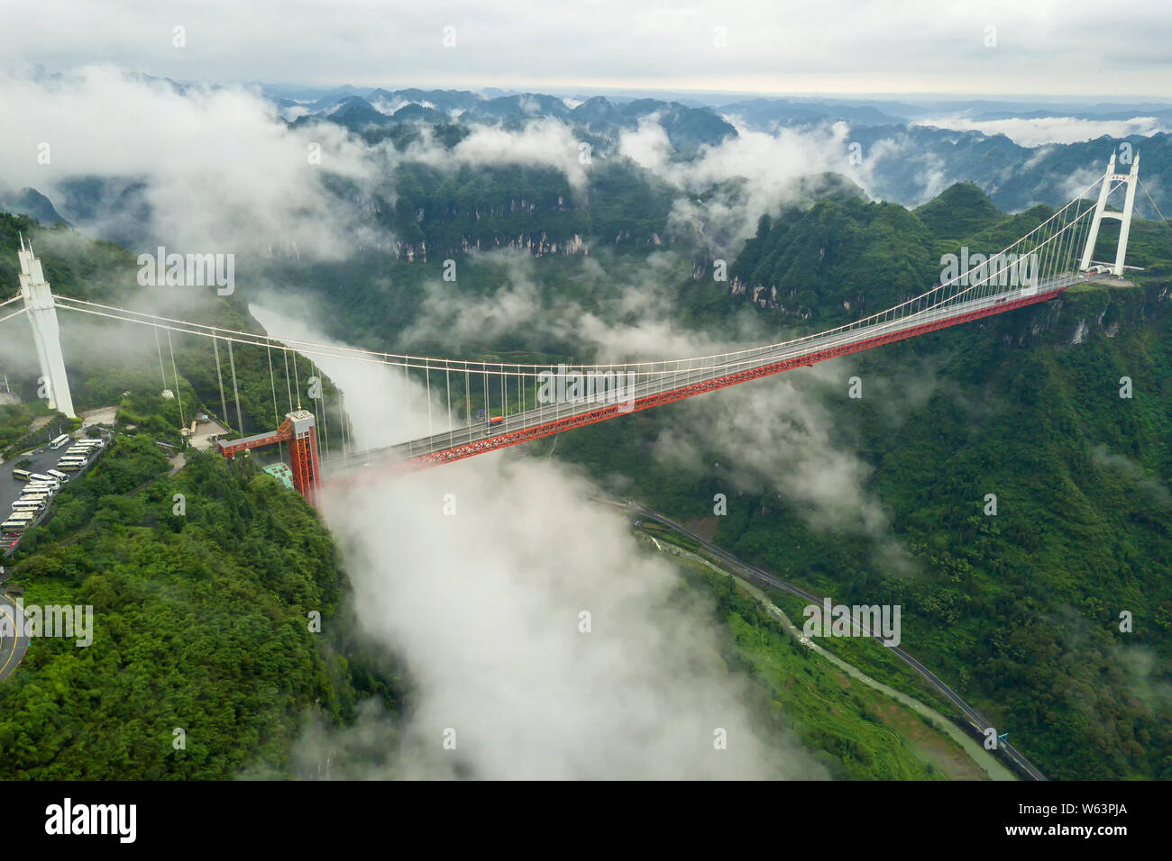 An aerial view of the Aizhai Suspension Bridge, with a main span of ...