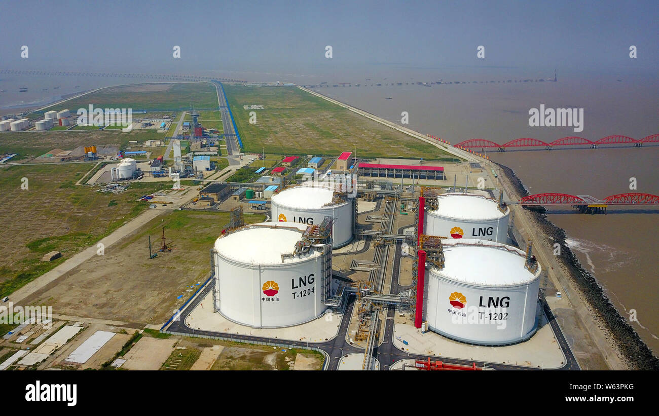 An aerial view of liquefied natural gas (LNG) storage tanks at the ...
