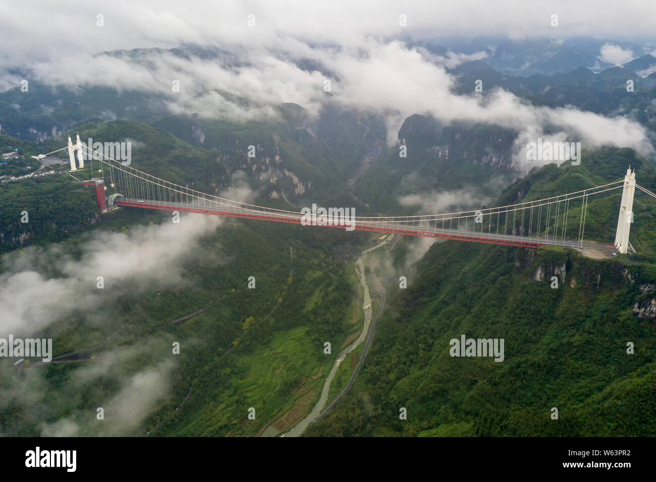 An aerial view of the Aizhai Suspension Bridge, with a main span of ...
