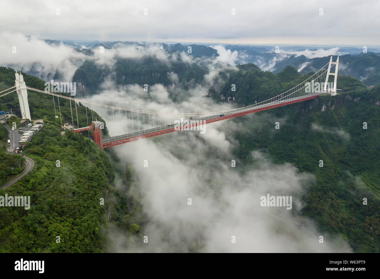 An aerial view of the Aizhai Suspension Bridge, with a main span of ...