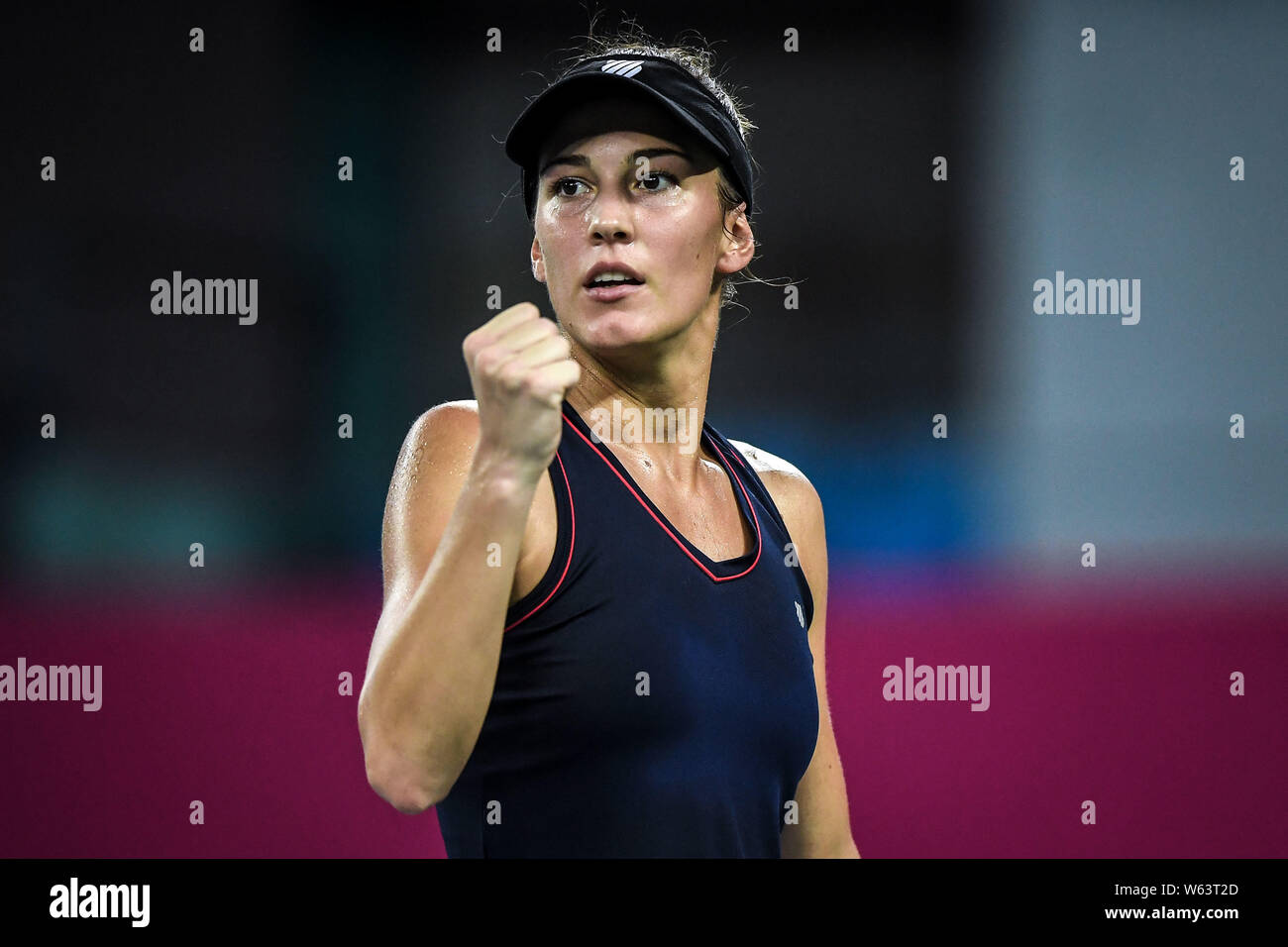 Bernarda Pera of the USA reacts in the semifinal match against Yulia ...