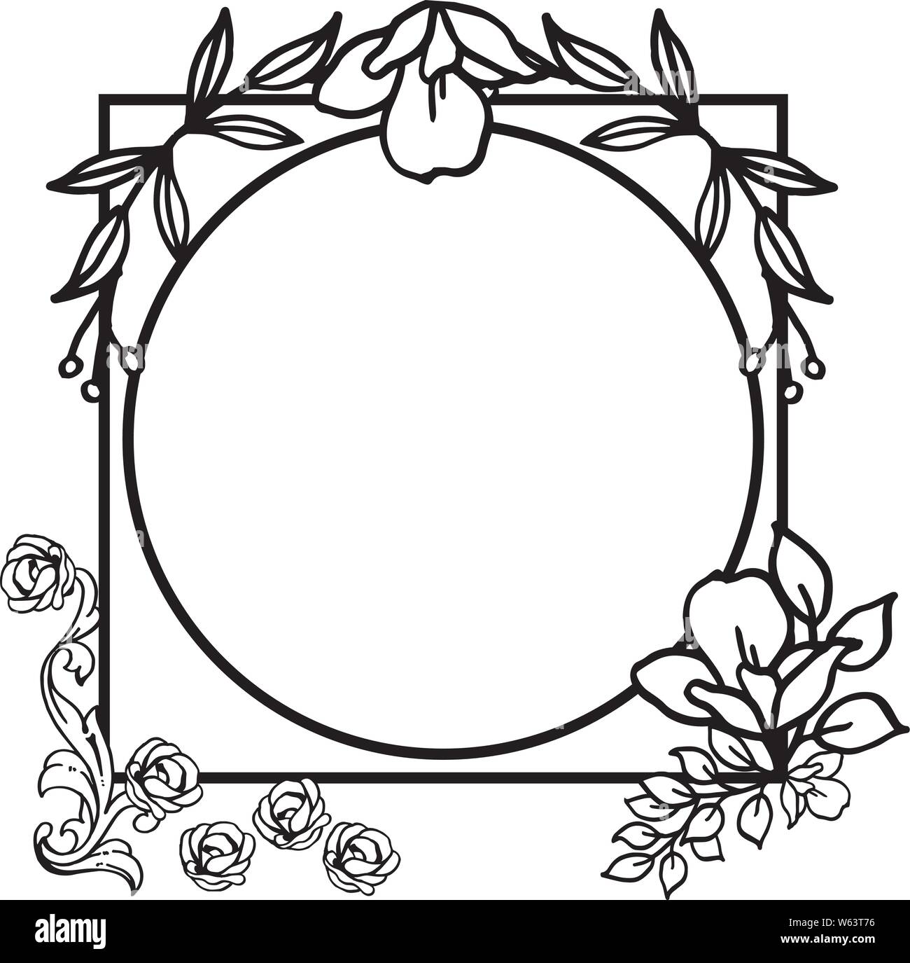 Ornamental Flower Frame With Border Element Black And White Vector Illustration Stock Vector