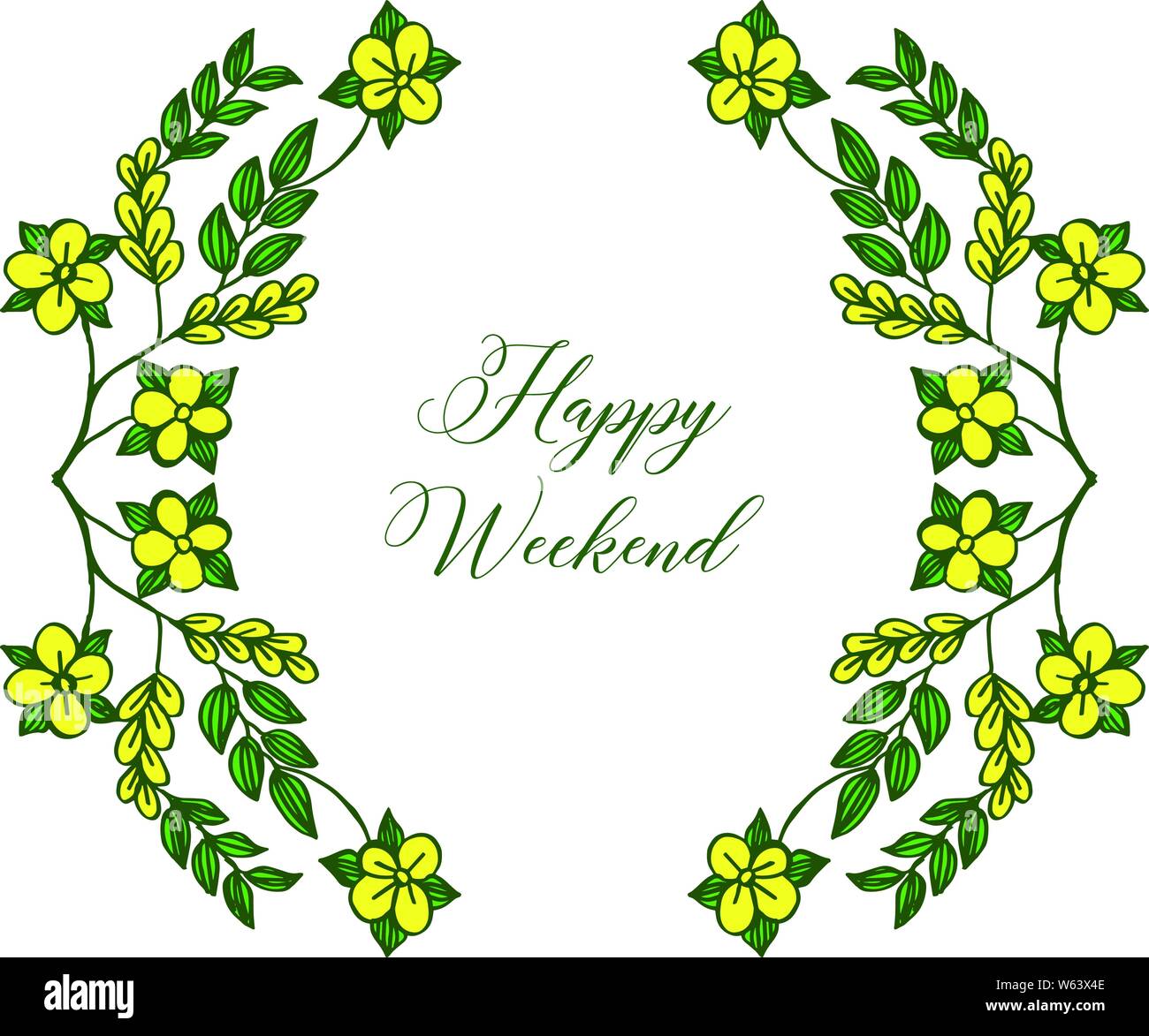 Design template of happy weekend with yellow wreath frame. Vector ...