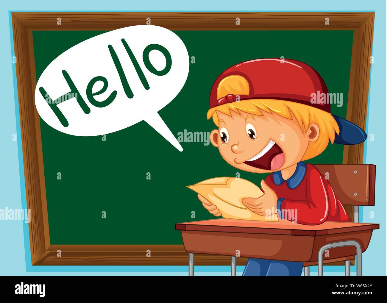 Kid yelling hello in front of blackboard illustration Stock Vector ...