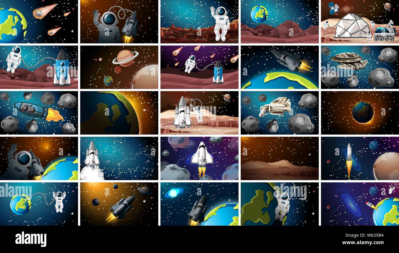Large set of different space scenes illustration Stock Vector Image ...