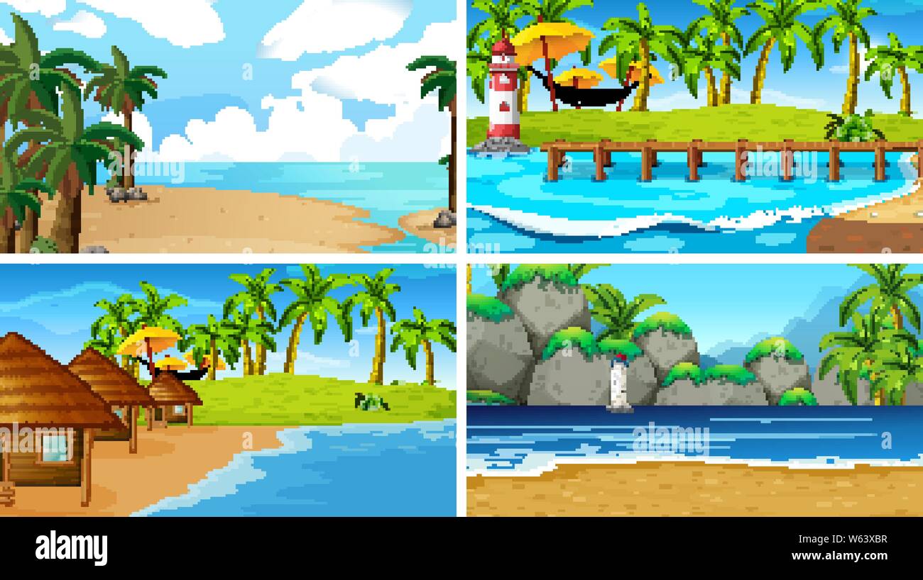 Set of tropical ocean nature scenes with beaches illustration Stock ...