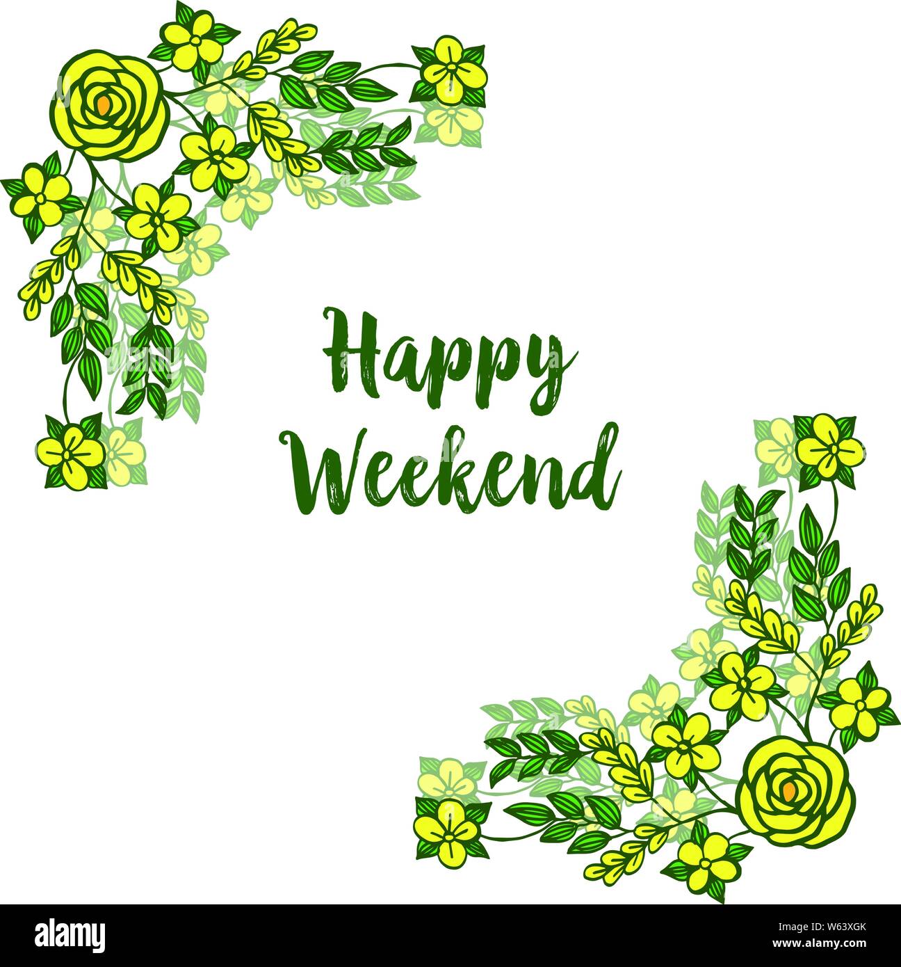 Ornate happy weekend, green leaves and yellow wreath frame. Vector ...