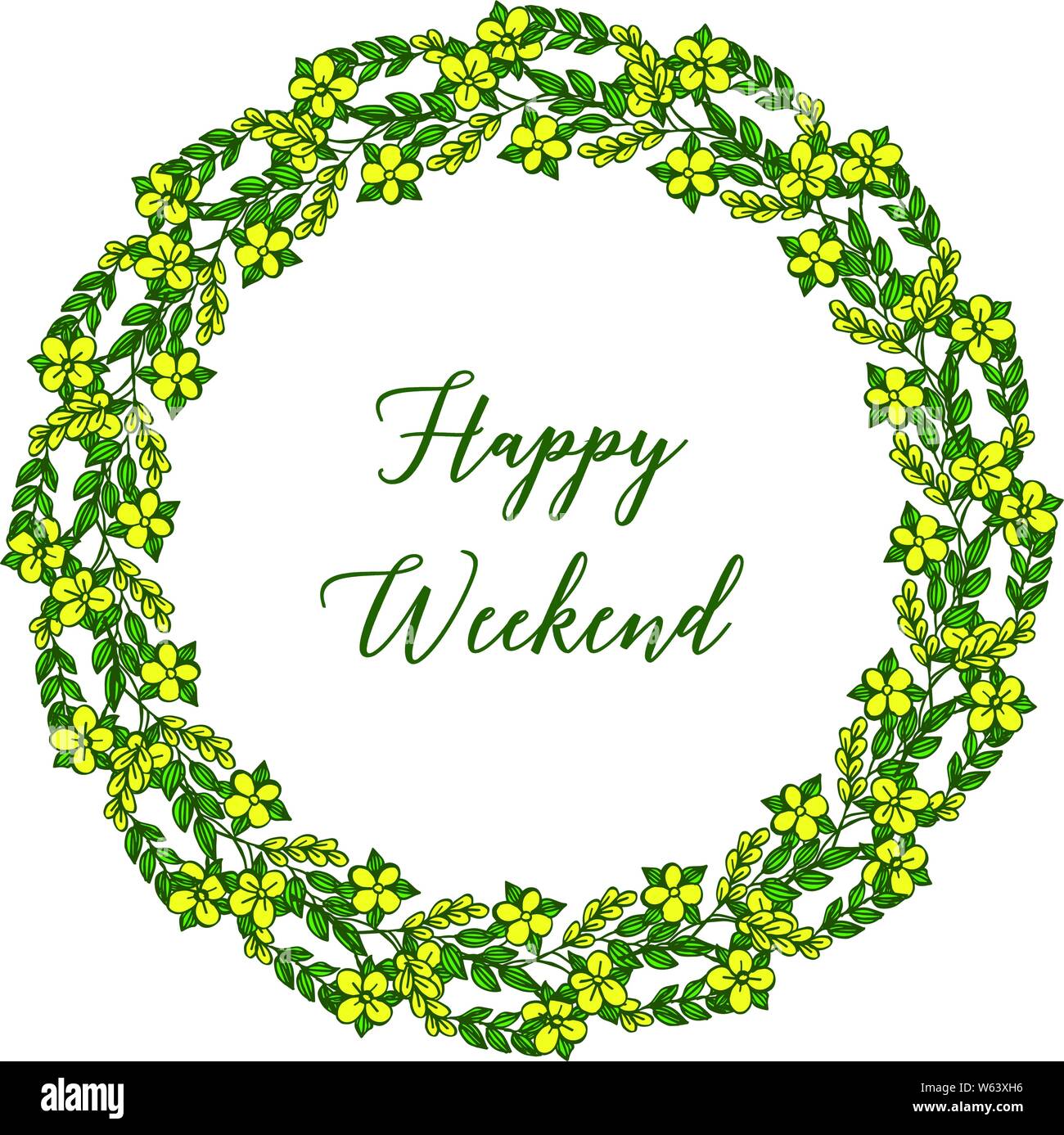 Ornate happy weekend, green leaves and yellow wreath frame. Vector ...