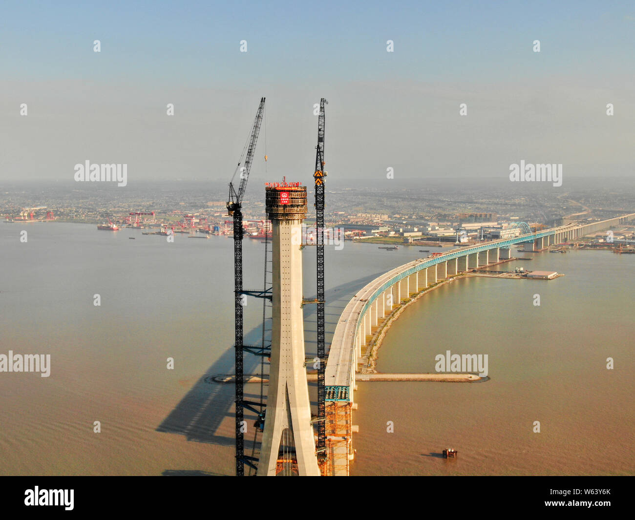 Aerial view of the construction site of the No.28 main pier of the ...
