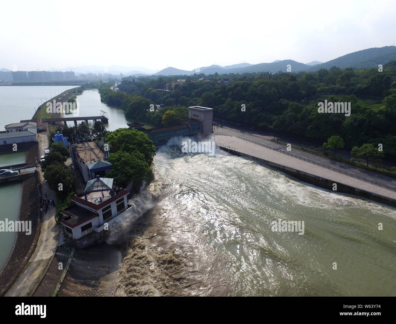 Aerial view of tidal bores from the Qiantang River surging the ...