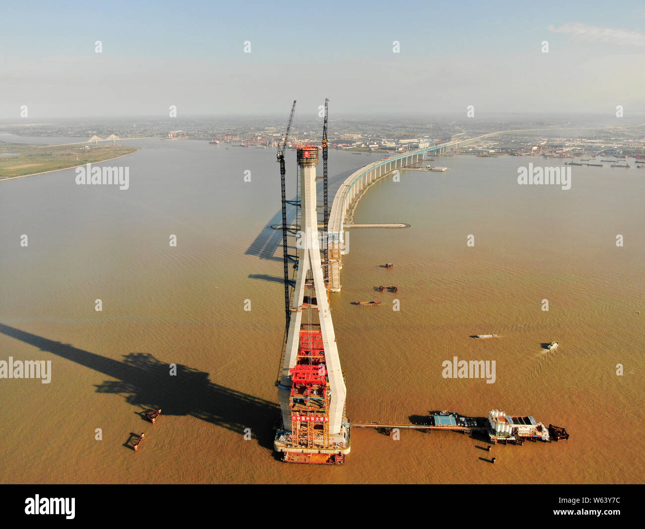 Aerial view of the construction site of the No.28 main pier of the ...